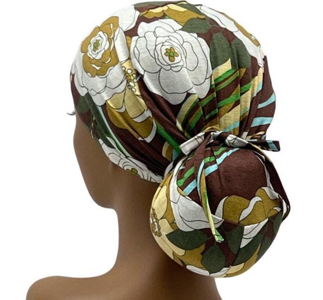 STRETCH BAMBOO Ponytail Scrub Cap,brown and White Yellow Flowers Ava ...