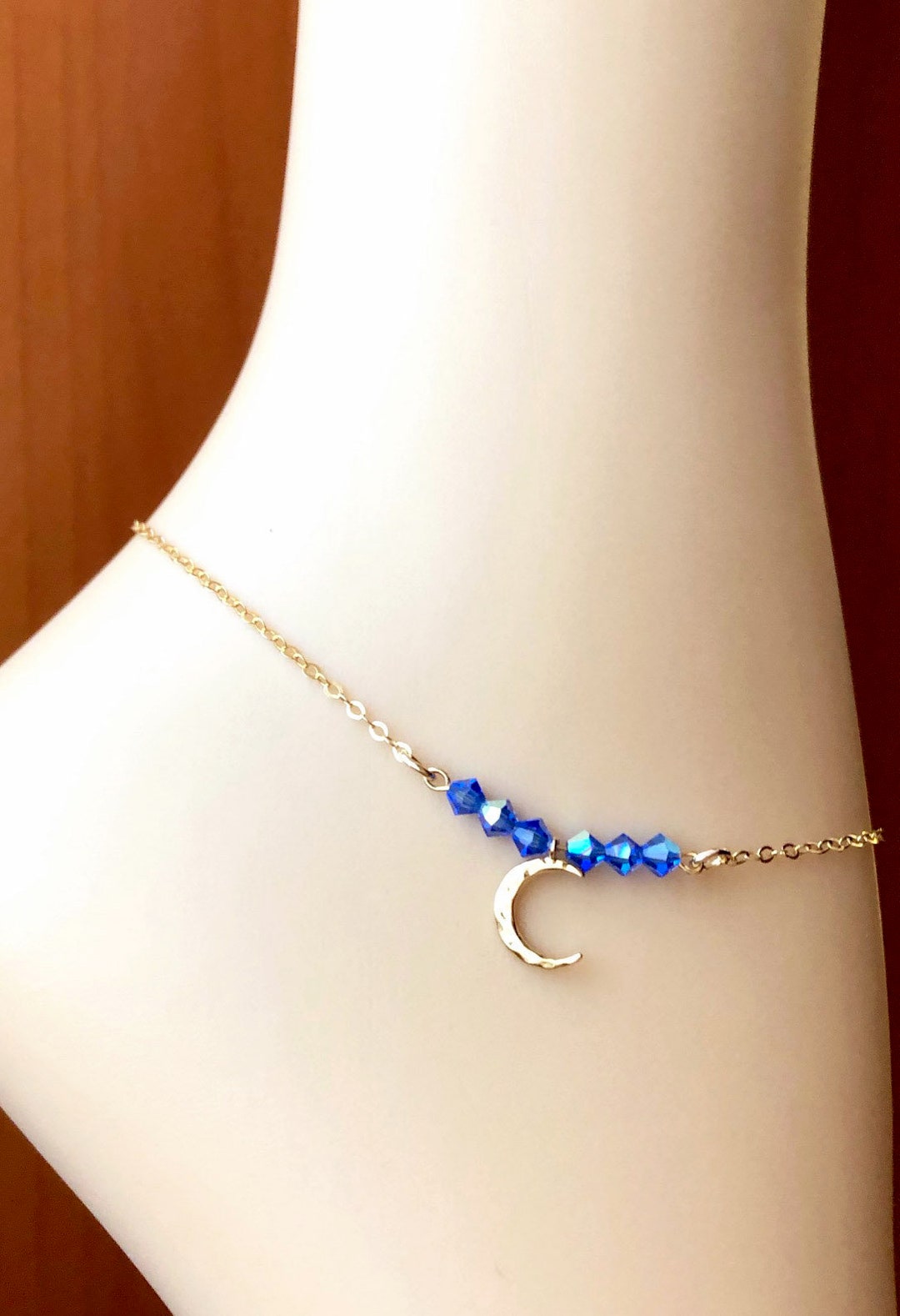 Gold Moon Anklet - Swarovski Sapphire Crystal Anklet -crescent Moon Ankle Bracelet -something ...