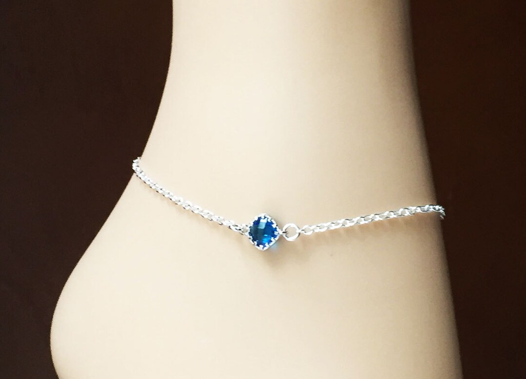 Capri Blue Silver Anklet - Diamond Shape Framed Glass Bracelet - Something Blue - Sterling ...