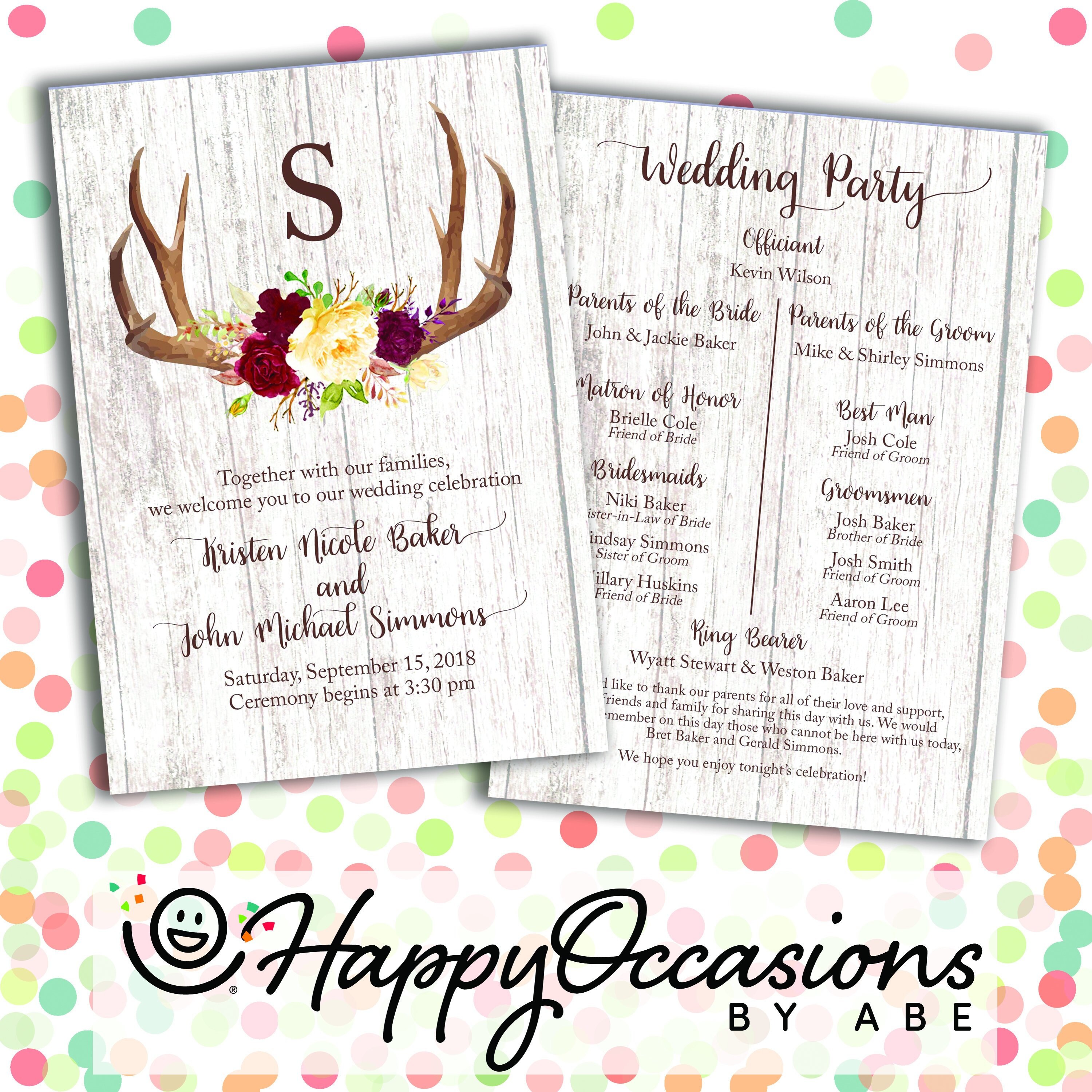 Bohemian Wedding Program Antler Wedding Program Boho Customized Wedding ...