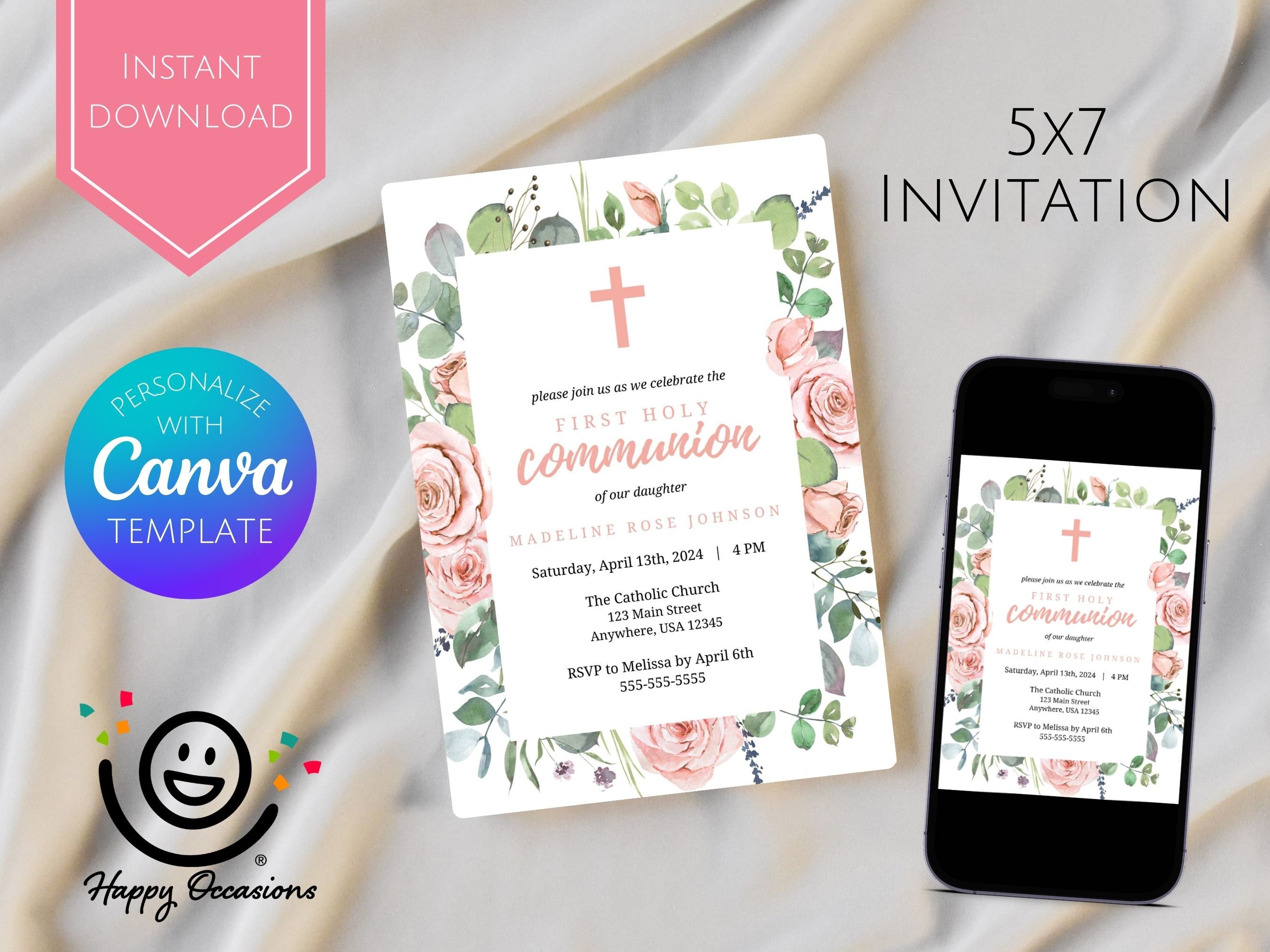 Editable First Holy Communion Invitation Template, Pink Roses ...