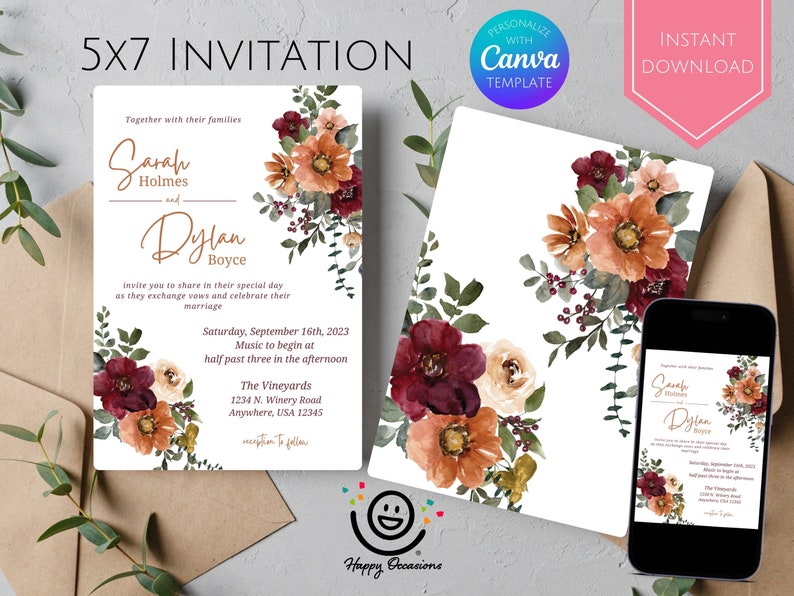 Autumn Floral Wedding Invitation Template, Rustic Fall Watercolor ...