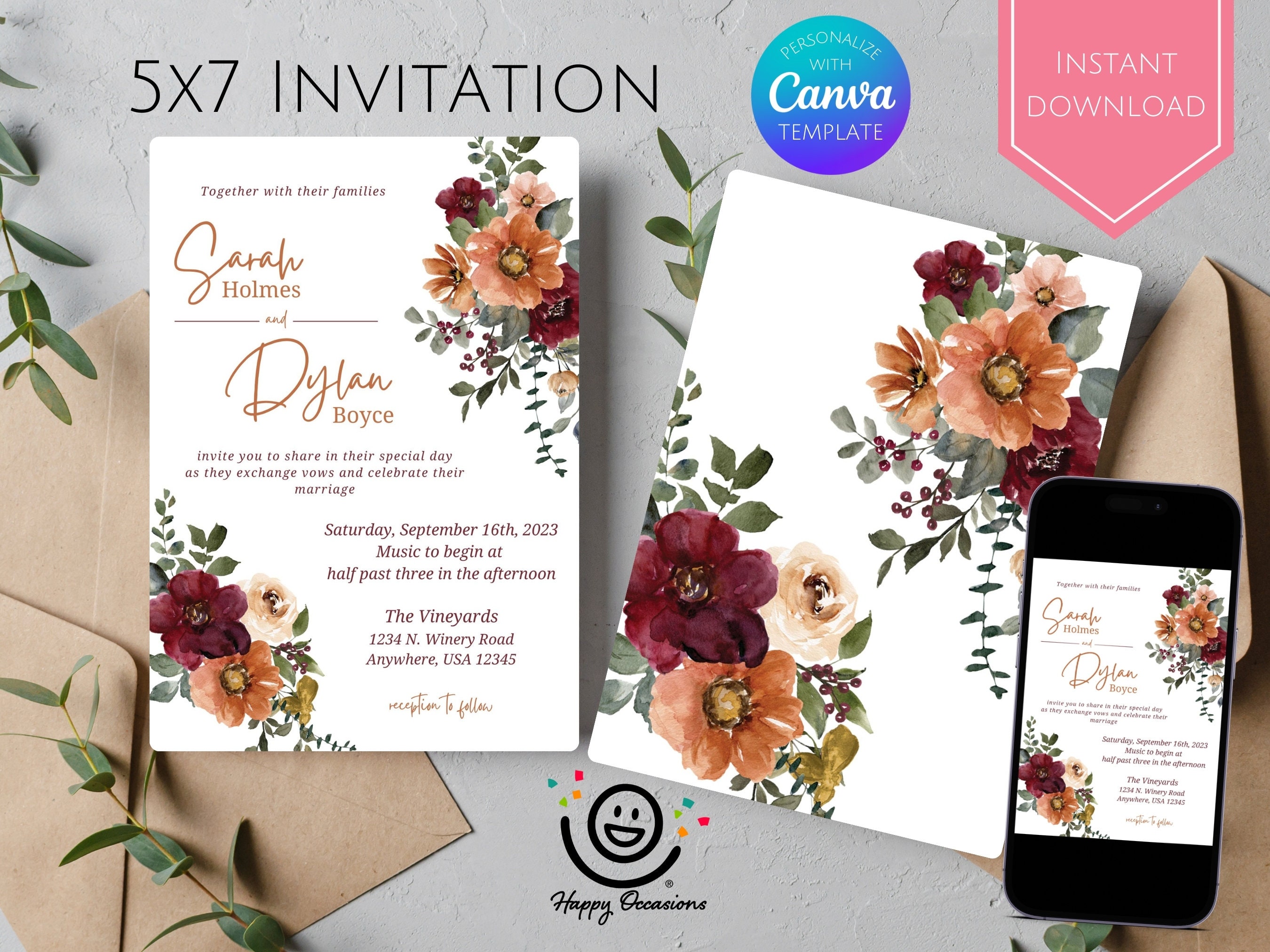 Autumn Floral Wedding Invitation Template, Rustic Fall Watercolor ...