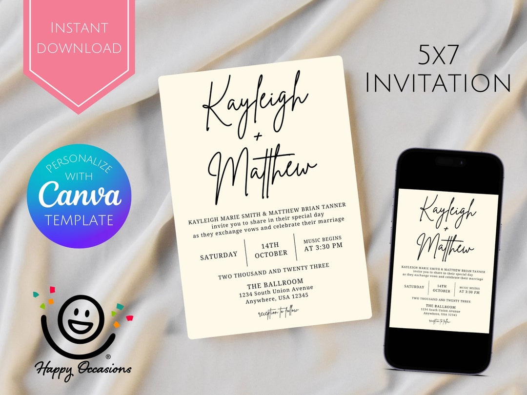 Modern Script Wedding Invitation Template, Elegant Minimalist Design ...
