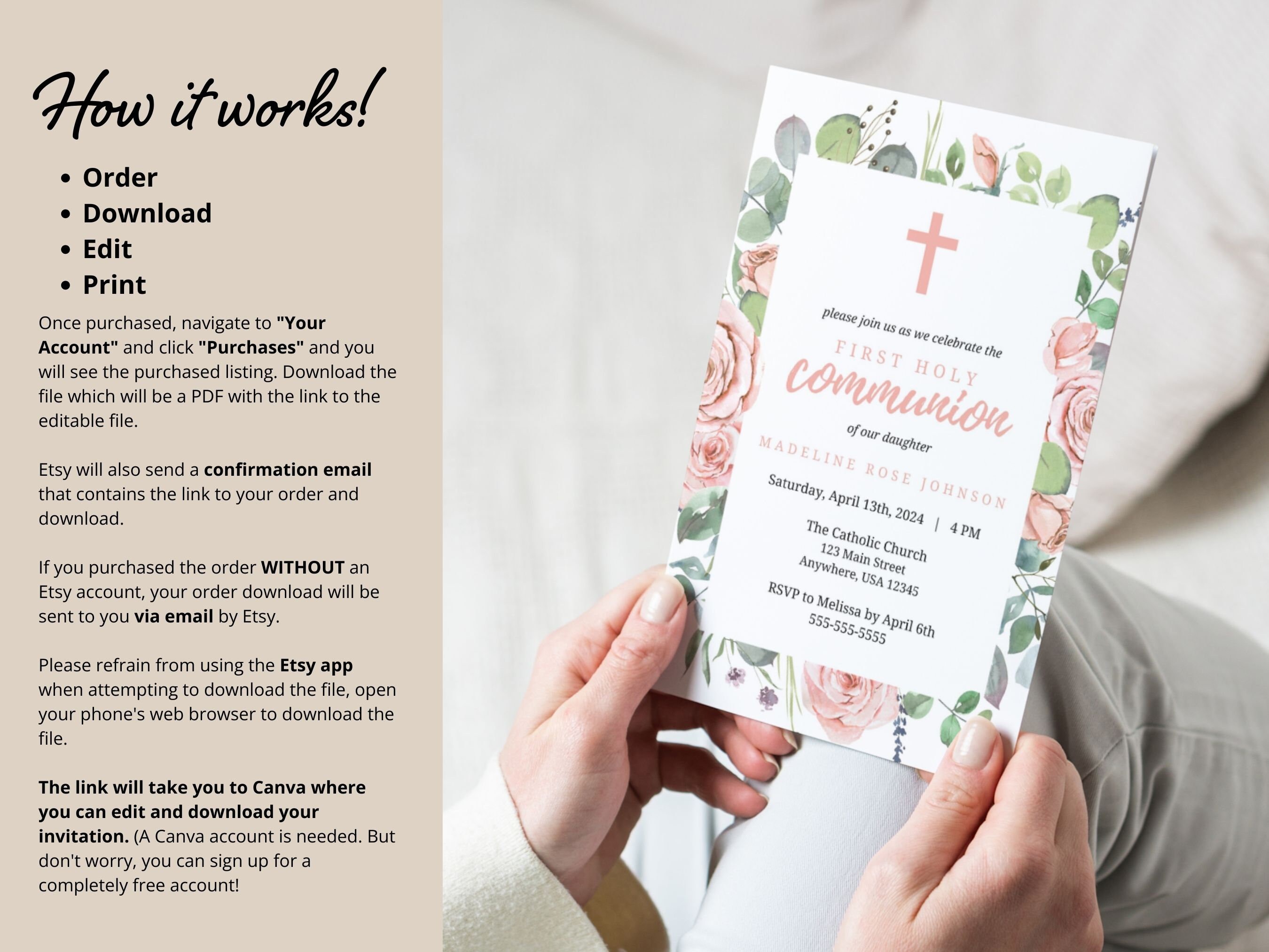 Editable First Holy Communion Invitation Template, Pink Roses ...