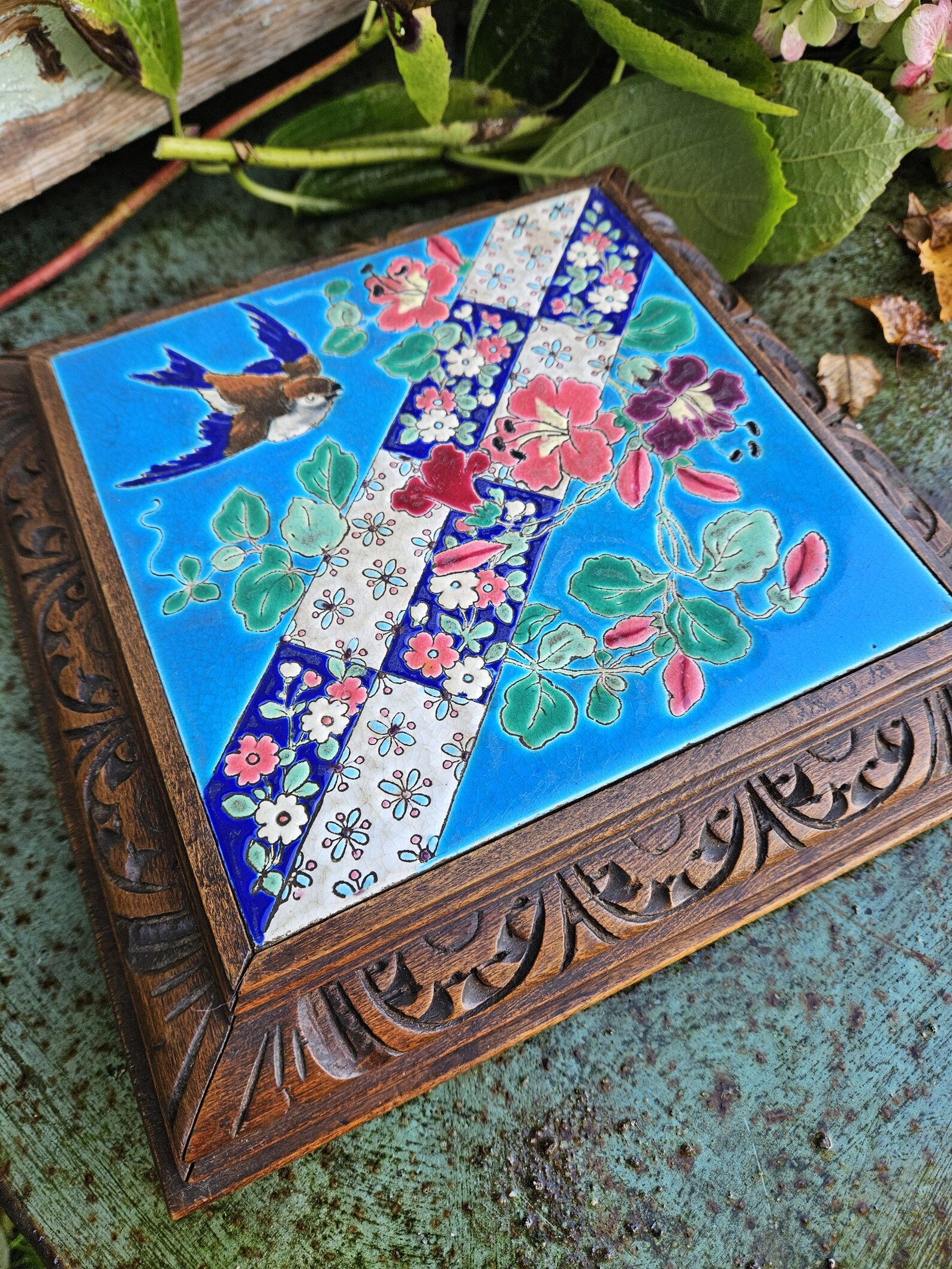 Exquisitely Pretty Antique French LONGWY Tiled Trivet-carved Oak Base ...