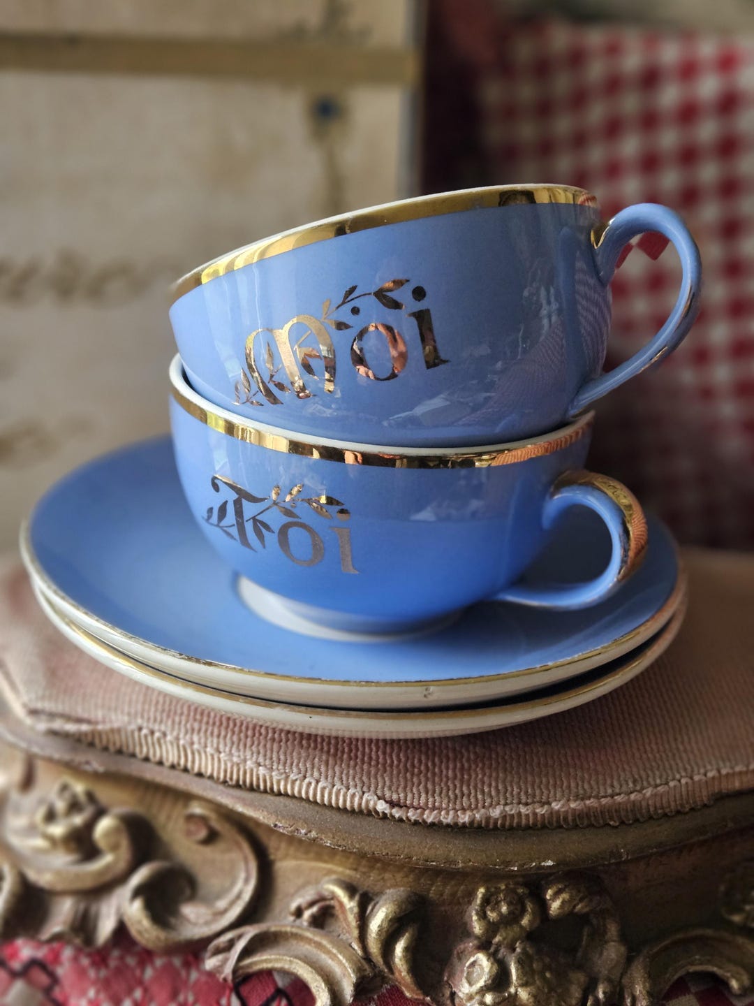 Charmante vaisselle Art-déco ancienne, France, bleu ciel et or Nous ...