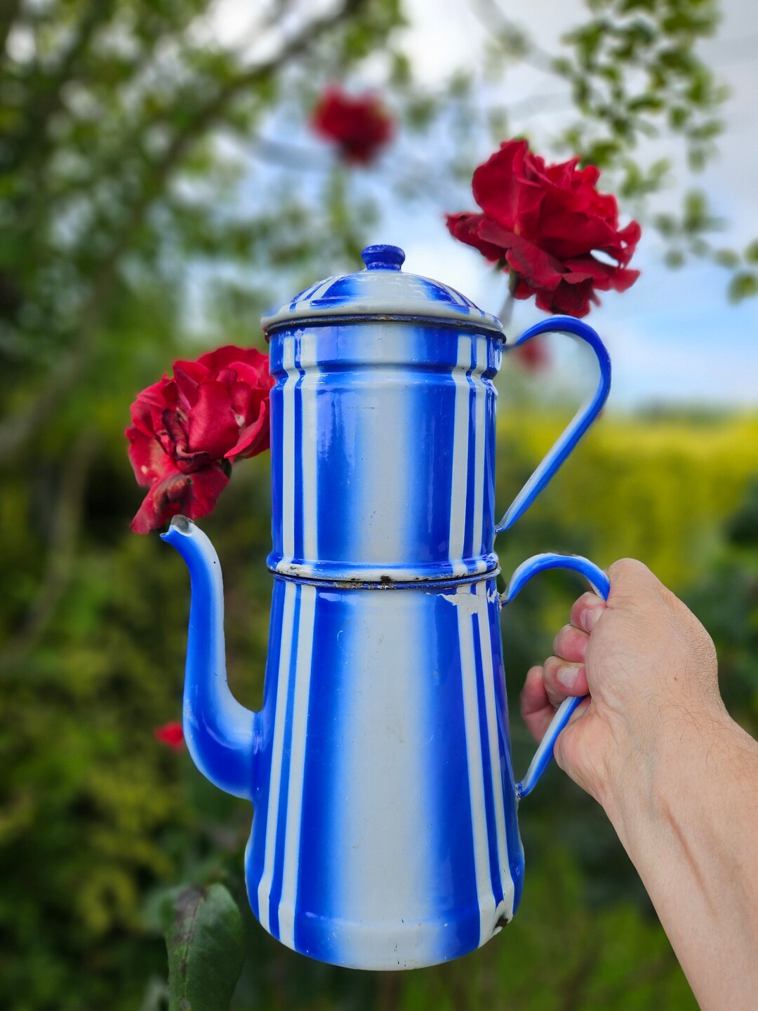 Striking Rare Antique French Timeworn Cobalt Blue & White Striped ...