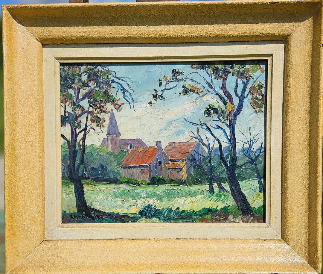 Vintage French Framed Atmospheric Signed Oil on Board Rustic Village ...