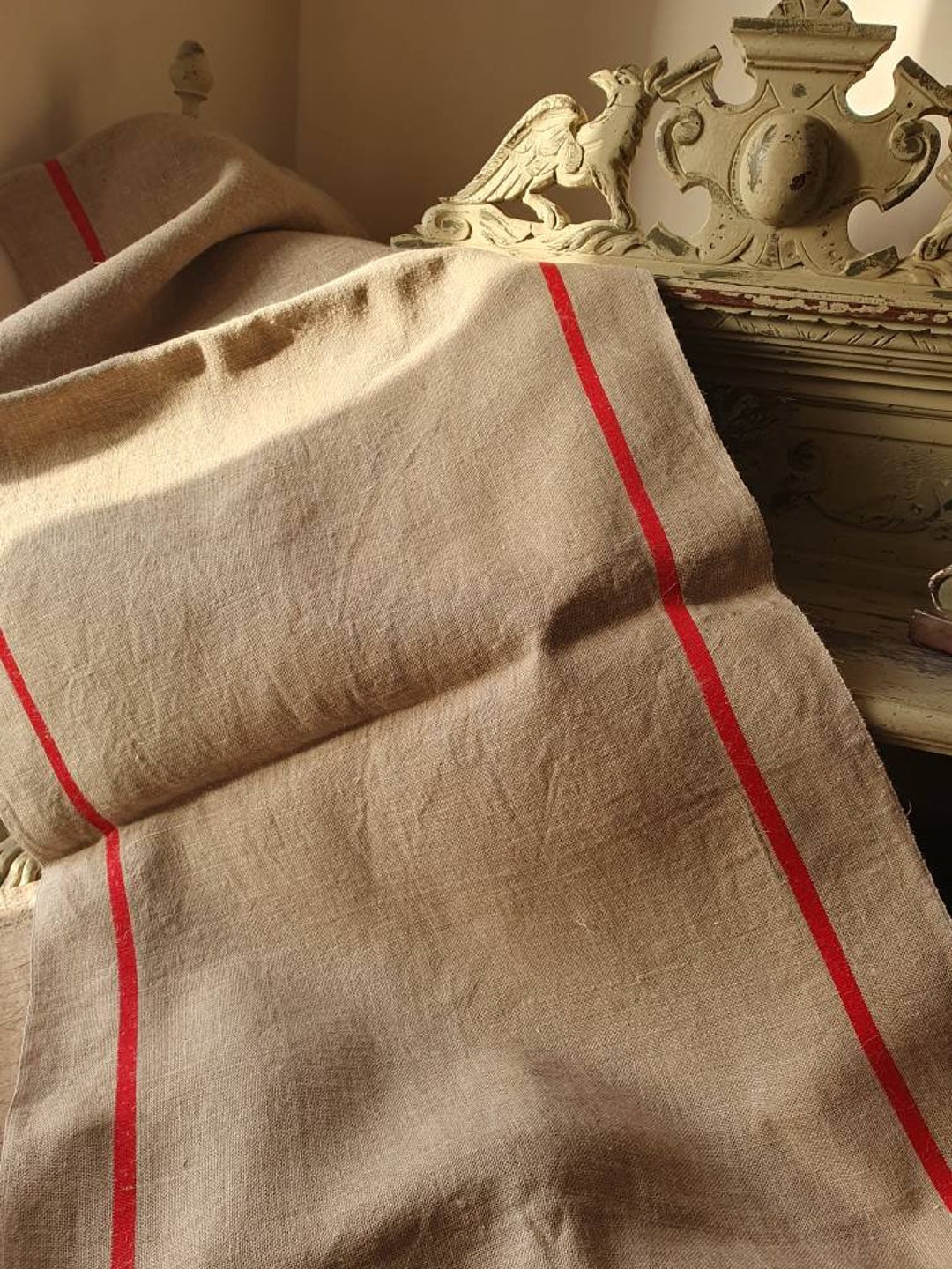 Rustic Un-hemmed Antique French Red Striped Hessian Linen Remnant ...