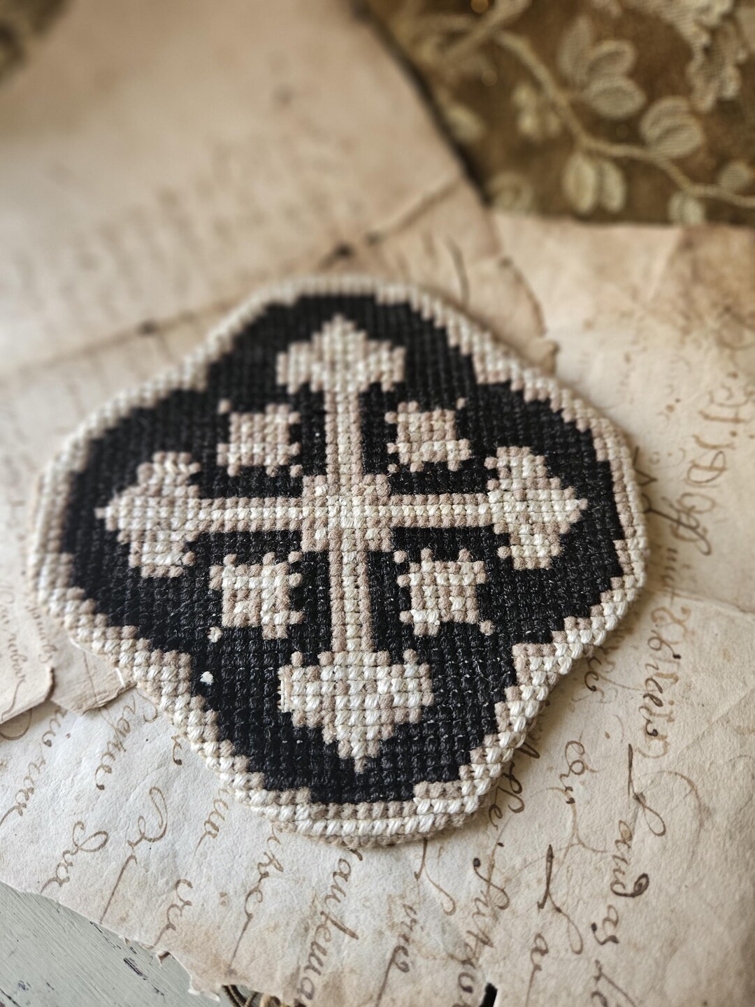 Antique French Medieval Religious-themed Crucifix Tapestry Applique ...