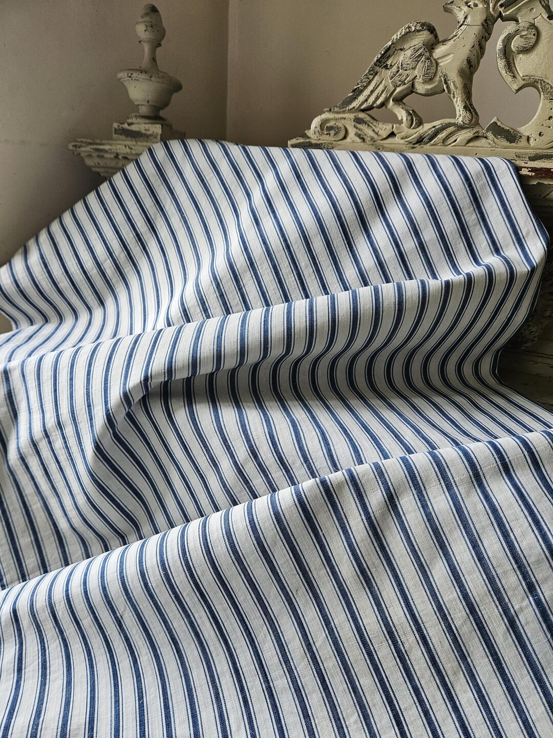 Striking Antique French Indigo Blue & White Narrow Stripe Cotton Linen ...