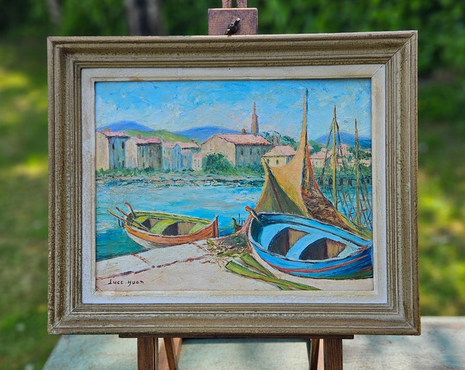 Vintage French Harbour & Fishing Boats Seascape Scene, Oil on Board ...