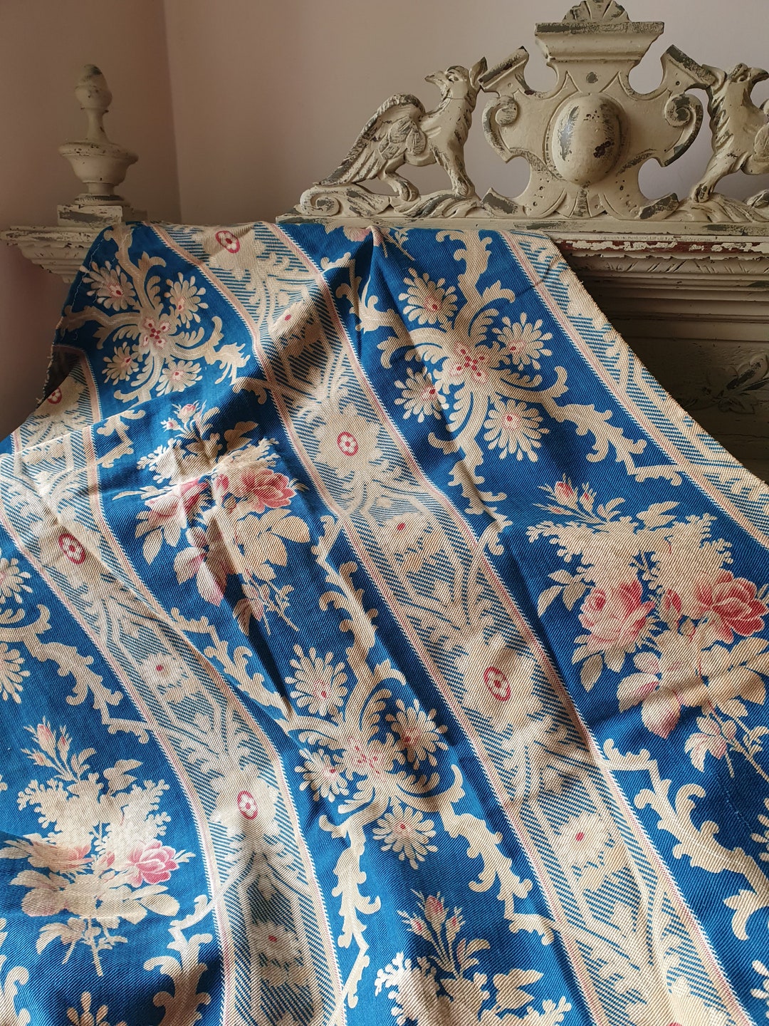 Striking Antique French Blue Art-nouveau Period Design Cretonne Fabric ...