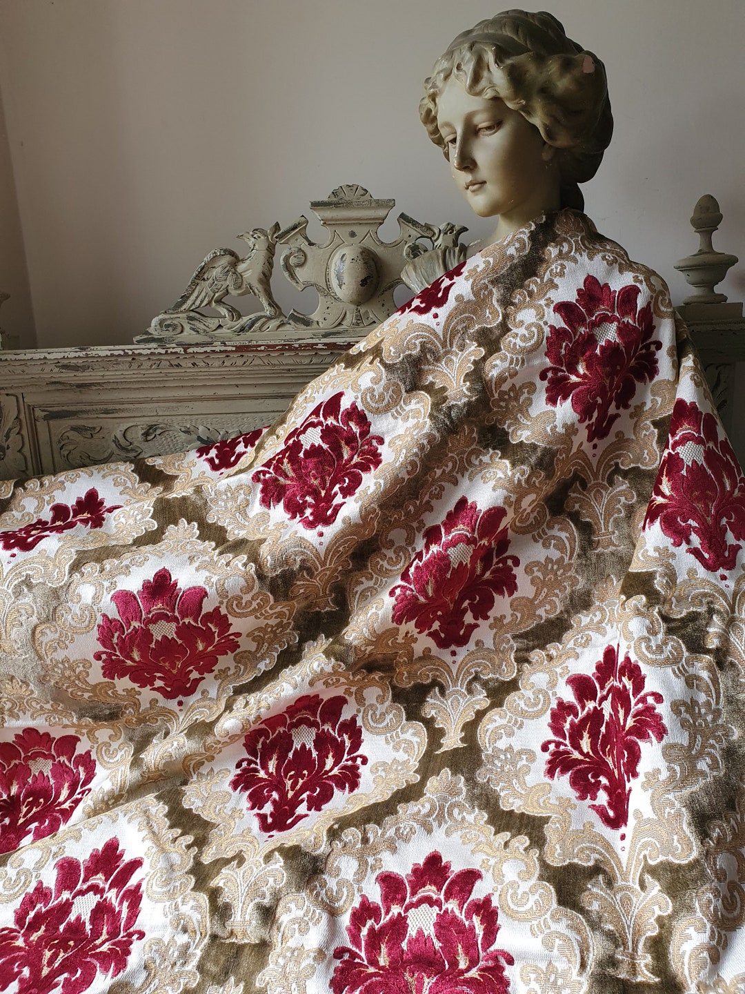 Striking Opulent Antique French Upholstery Weight Rich Red & Olive ...
