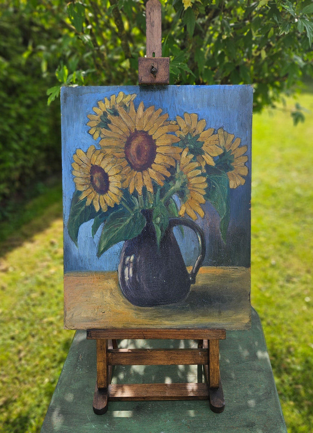 Vintage French Abstract Still Life Painting Oil on Board Floral Flower Sunflowers Tournesols in ...
