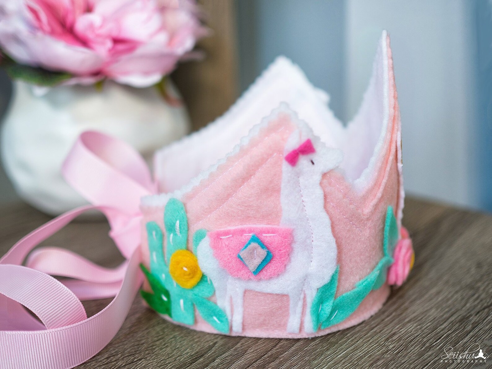 Pink Floral Llama First Birthday Crown | Felt Keepsake Party Hat (cake ...