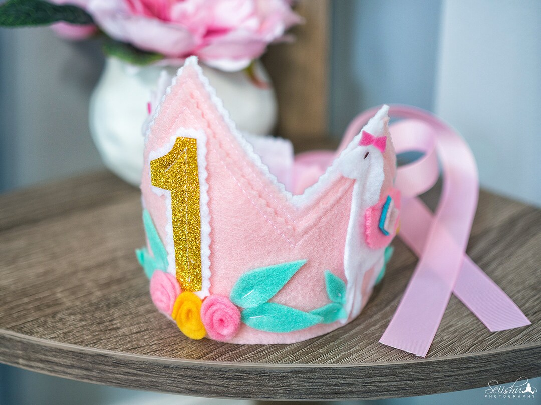 Pink Floral Llama First Birthday Crown | Felt Keepsake Party Hat (cake ...