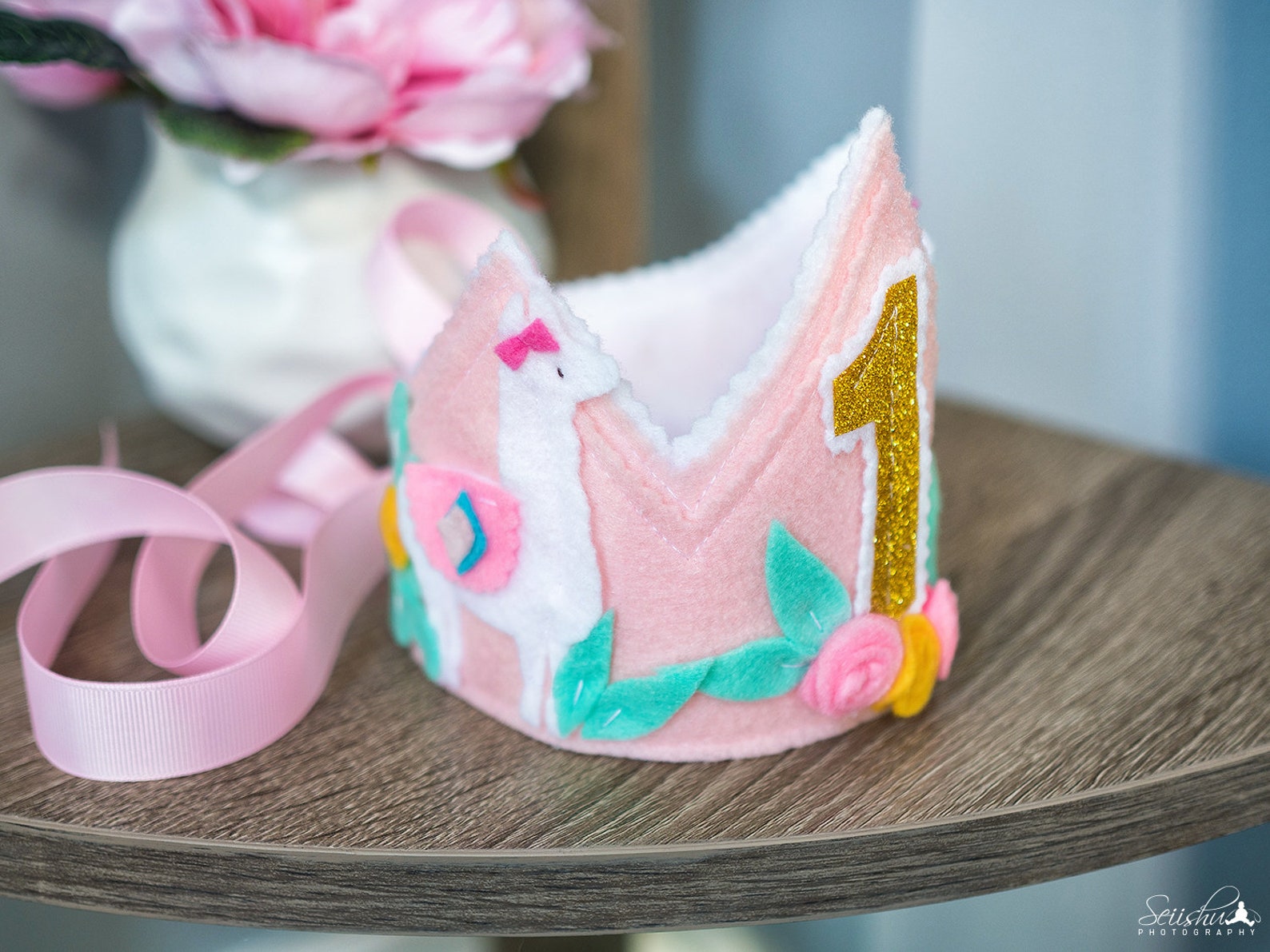 Pink Floral Llama First Birthday Crown | Felt Keepsake Party Hat (cake ...