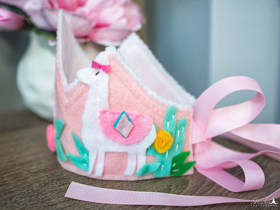 Pink Floral Llama First Birthday Crown | Felt Keepsake Party Hat (cake ...