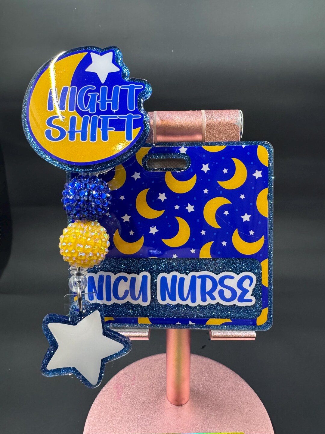 Night Shift Badge Reel and Badge Buddy, Beaded Badge Reel, Glitter ...