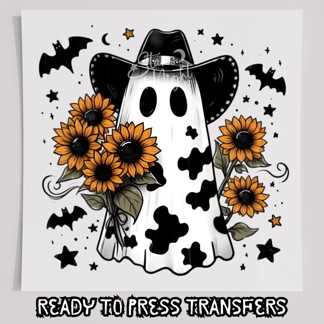 Cow Print Ghost With Sunflowers DTF T-shirt Transfer, Ready to Press ...