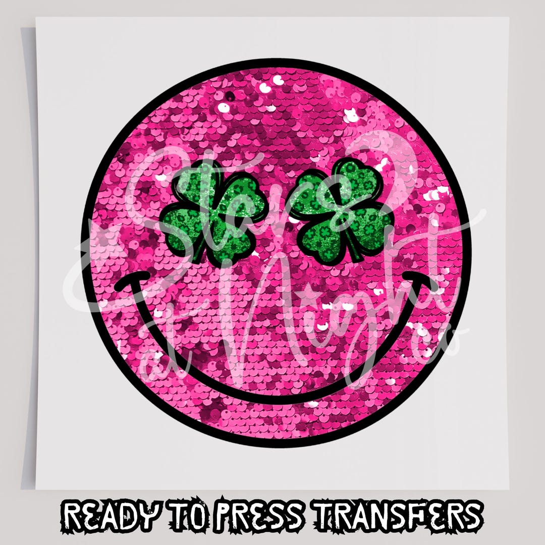 Faux Sequin Pink & Black Shamrock Smiley Face T-shirt Transfer, Ready to Press Transfer, Screen ...