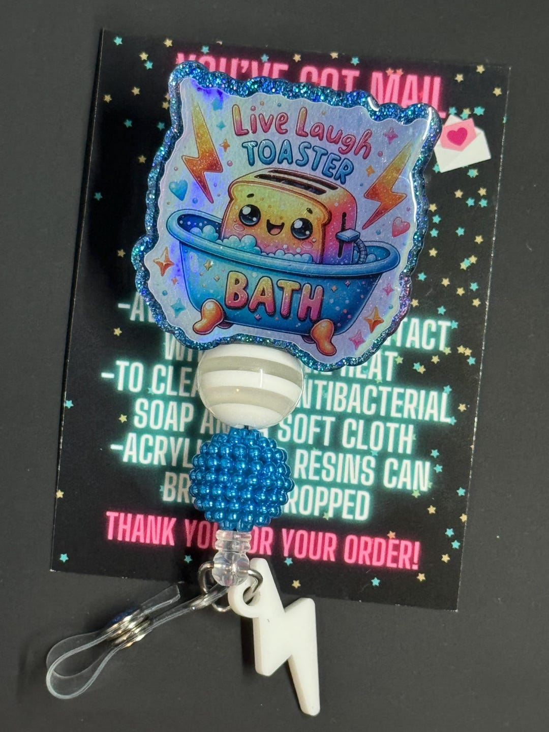 Live Laugh Toaster Bath Toaster Badge Reel, Beaded Badge Reel, Toaster ...