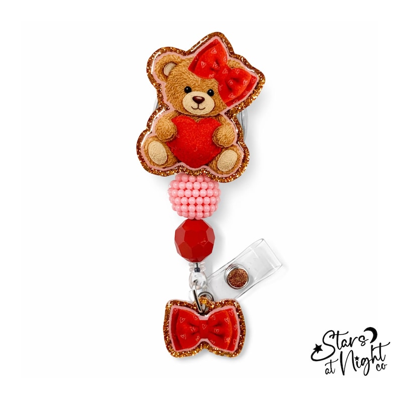 Valentines Day Teddy Bear Badge Reel and Badge Buddy, Beaded Badge Reel ...