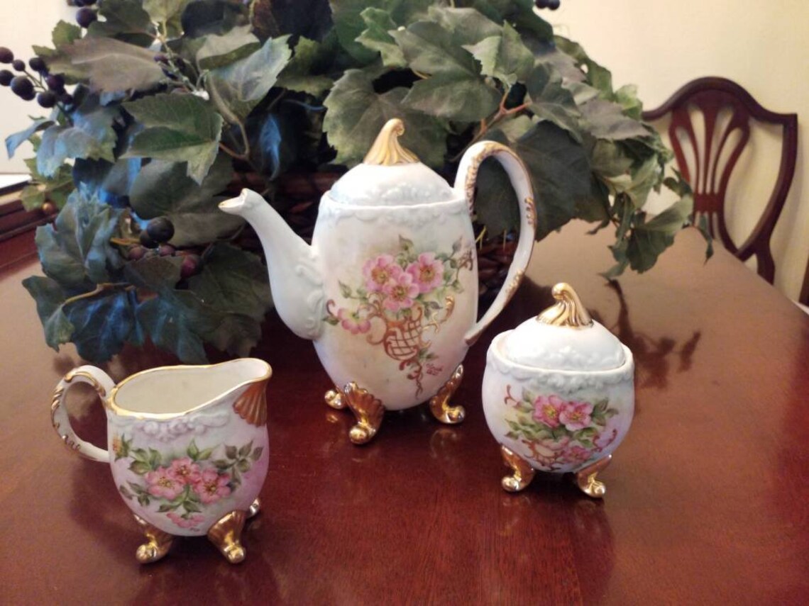 Handpainted Tea Set With Ornate Legs , Pink Wild Roses With Scrolls ...