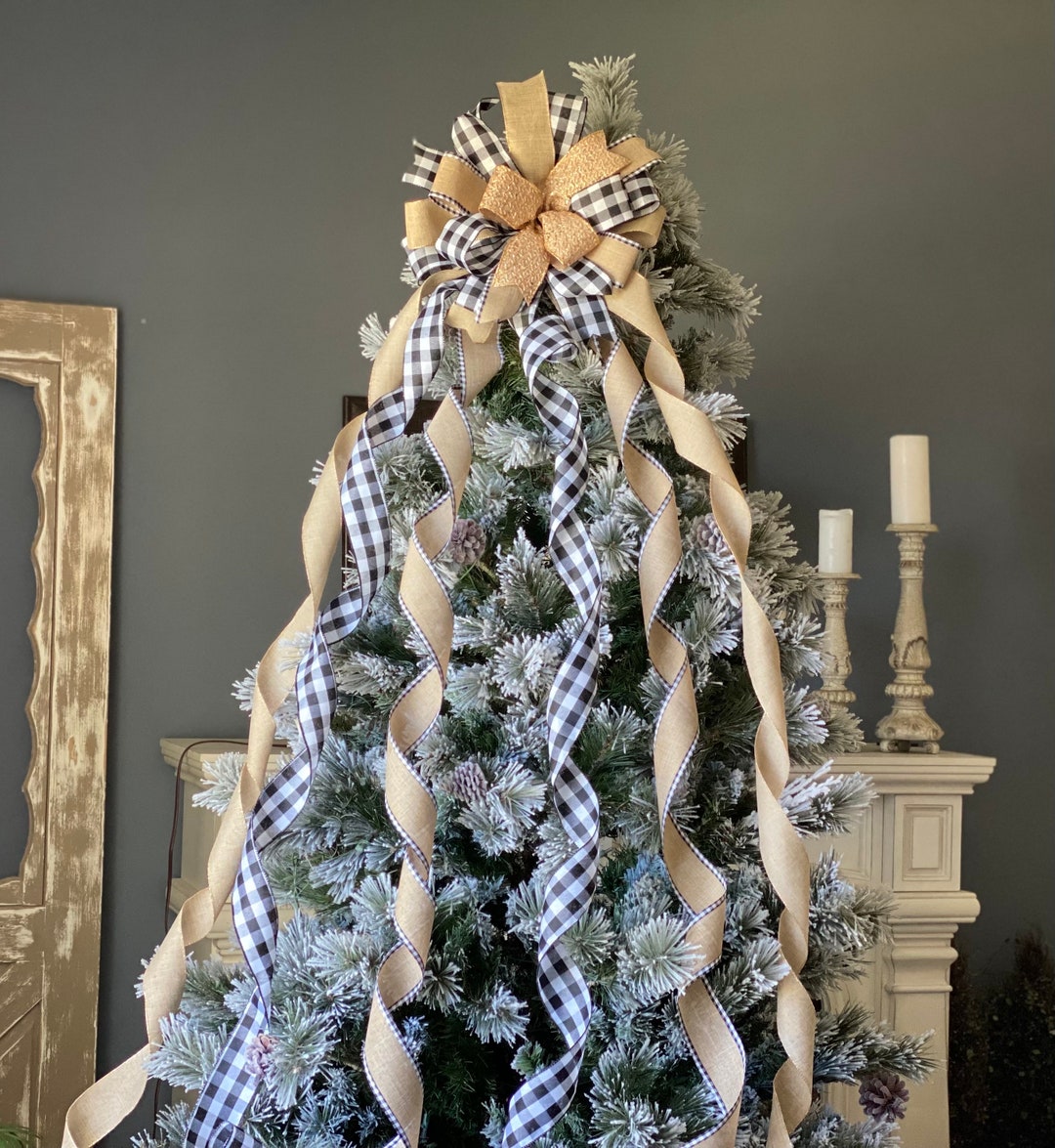 Rustic Christmas Tree Bow, 6ft Long Tails, Farmhouse Bow, Plaid Tree ...