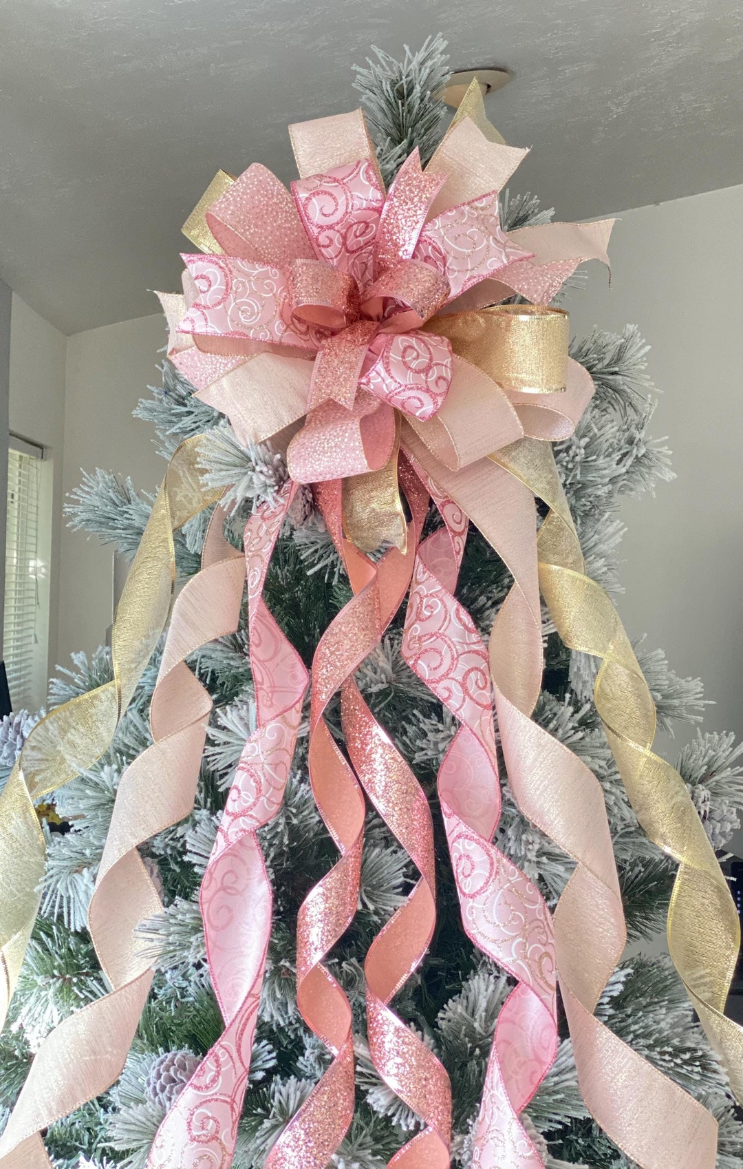 Pink Christmas Tree Topper, Rose Gold Tree Topper Bow, Pink Bow, Tree ...