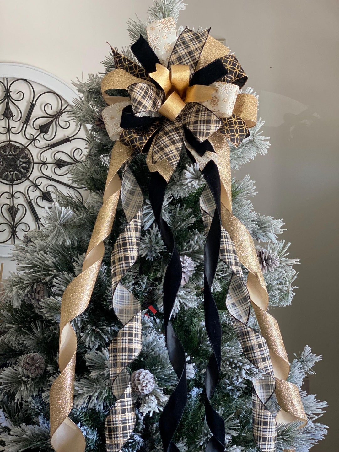 Black Tree Topper Bow, Lantern Bow, Xmas Tree Topper, Black Plaid and ...