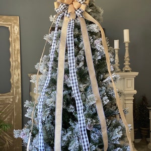 Rustic Christmas Tree Bow, 6ft Long Tails, Farmhouse Bow, Plaid Tree ...