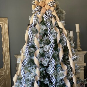 Rustic Christmas Tree Bow, 6ft Long Tails, Farmhouse Bow, Plaid Tree ...