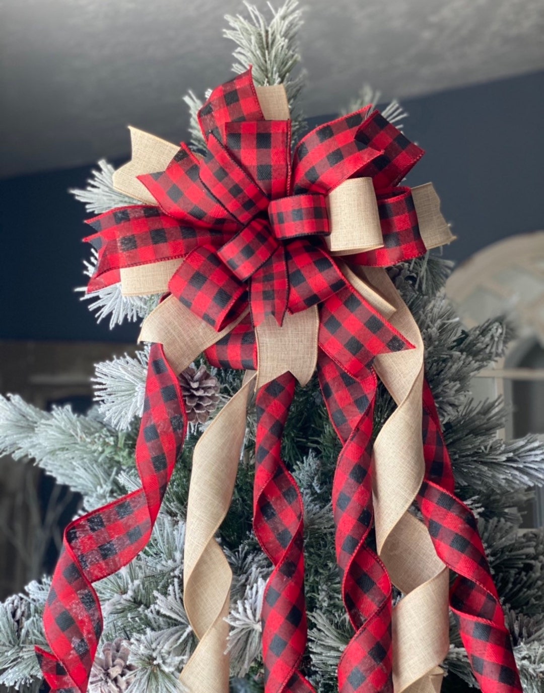 Christmas Bow Red Buffalo Plaid Bow Farmhouse Bow Plaid Tree Topper