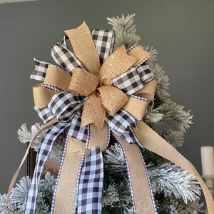 Rustic Christmas Tree Bow, 6ft Long Tails, Farmhouse Bow, Plaid Tree ...