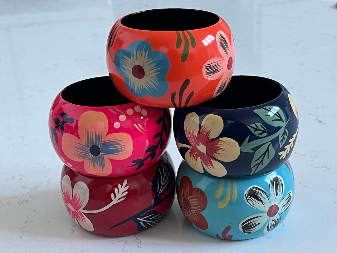 Hand-painted Floral Wood Bangle Bracelet: Boho Hippie Style - Etsy
