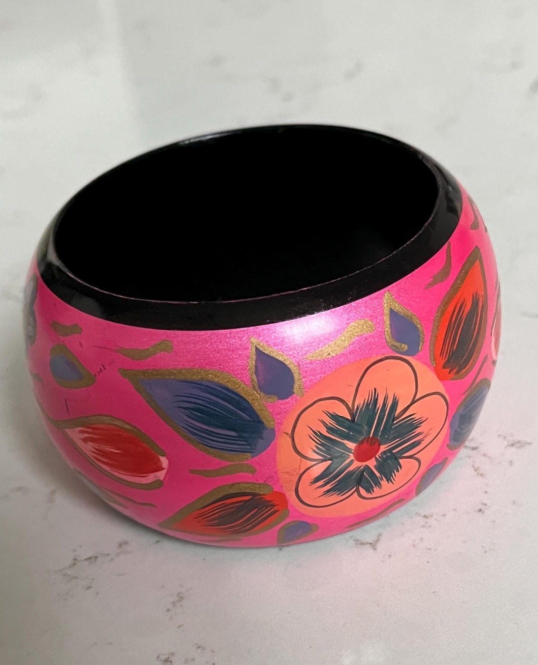 Hand-painted Floral Wood Bangle Bracelet: Pink Boho Jewelry - Etsy
