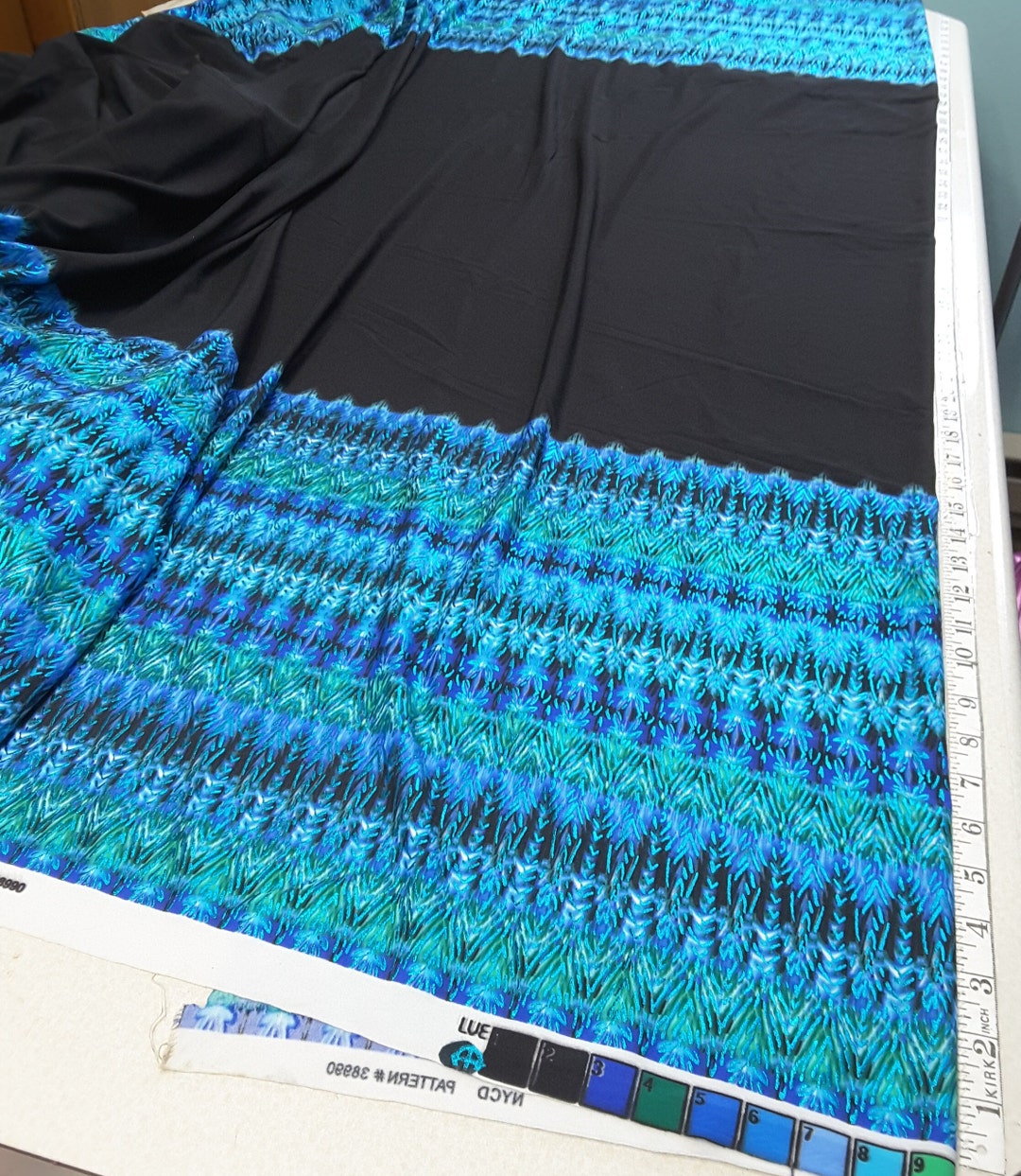 Blue & Green Border With Blue Foil on Black 4 Way Stretch Spandex ...