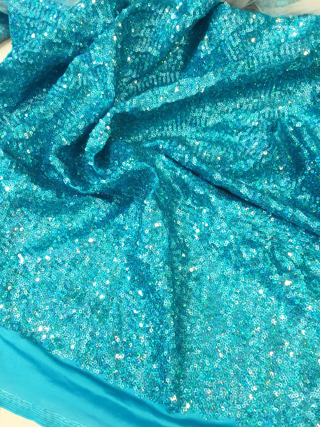 1.5 Yards Turquoise Blue Sequin 4 Way Stretch Spandex Fabric, Leotard ...