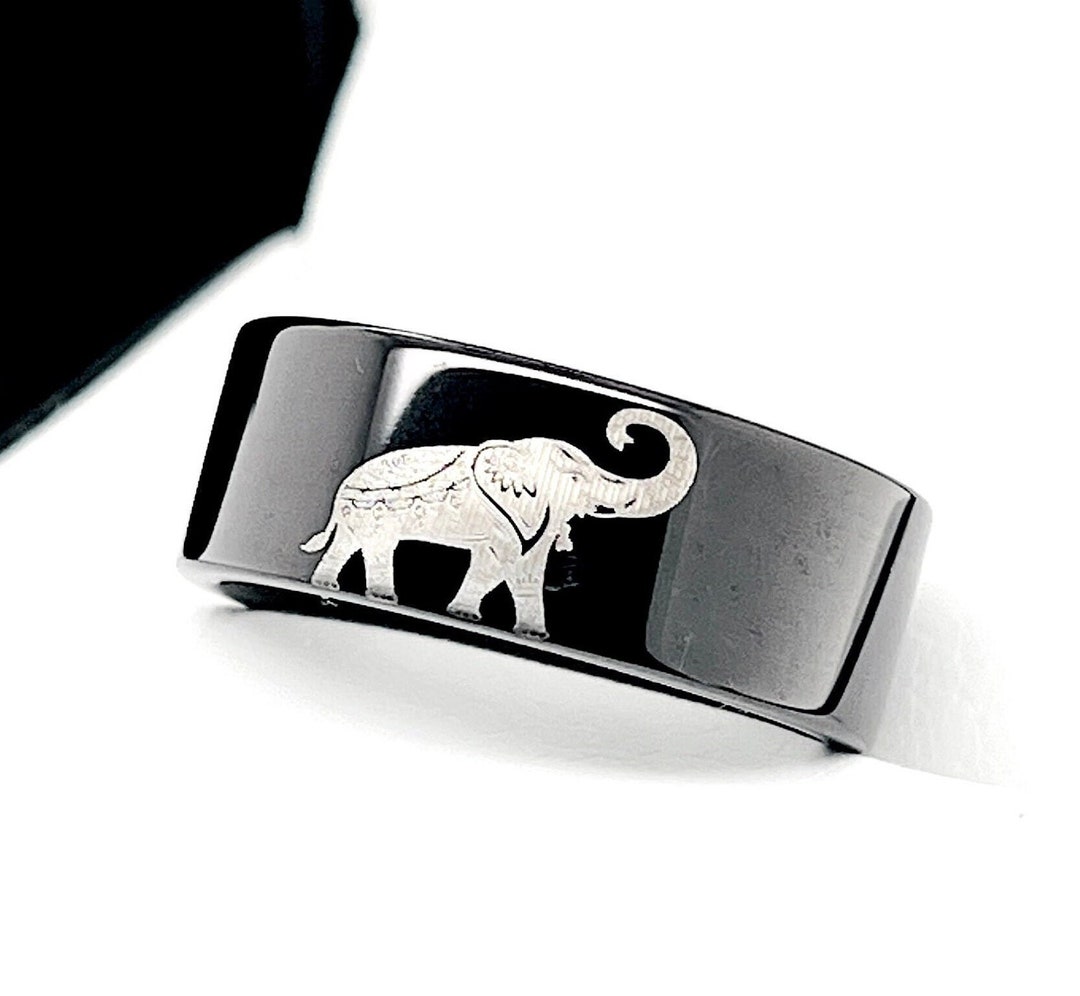 Elephant Pattern Engraved Black Tungsten Ring, Mens Ring, Mens Wedding ...