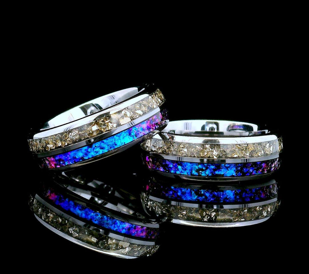 Nebula Stone Tungsten Wedding Ring Set With German Crystals (7mm), His ...