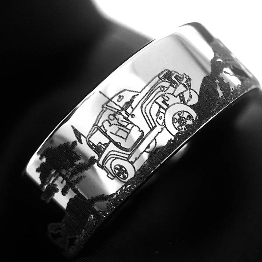 Men's Wedding Band, Car Pattern Engraved Tungsten Carbide Ring, Custom ...