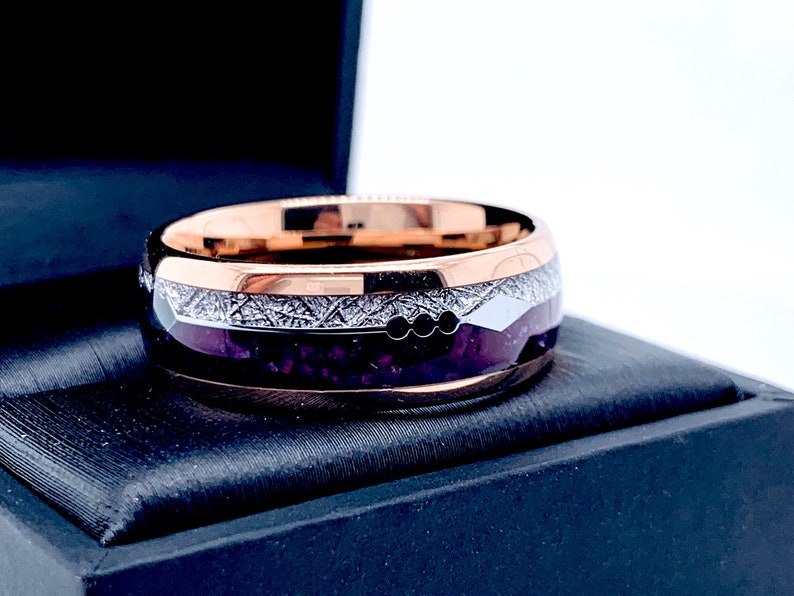 Purple Agate & Meteorite Tungsten Ring With Rose Gold Arrow Inlay - 8mm ...