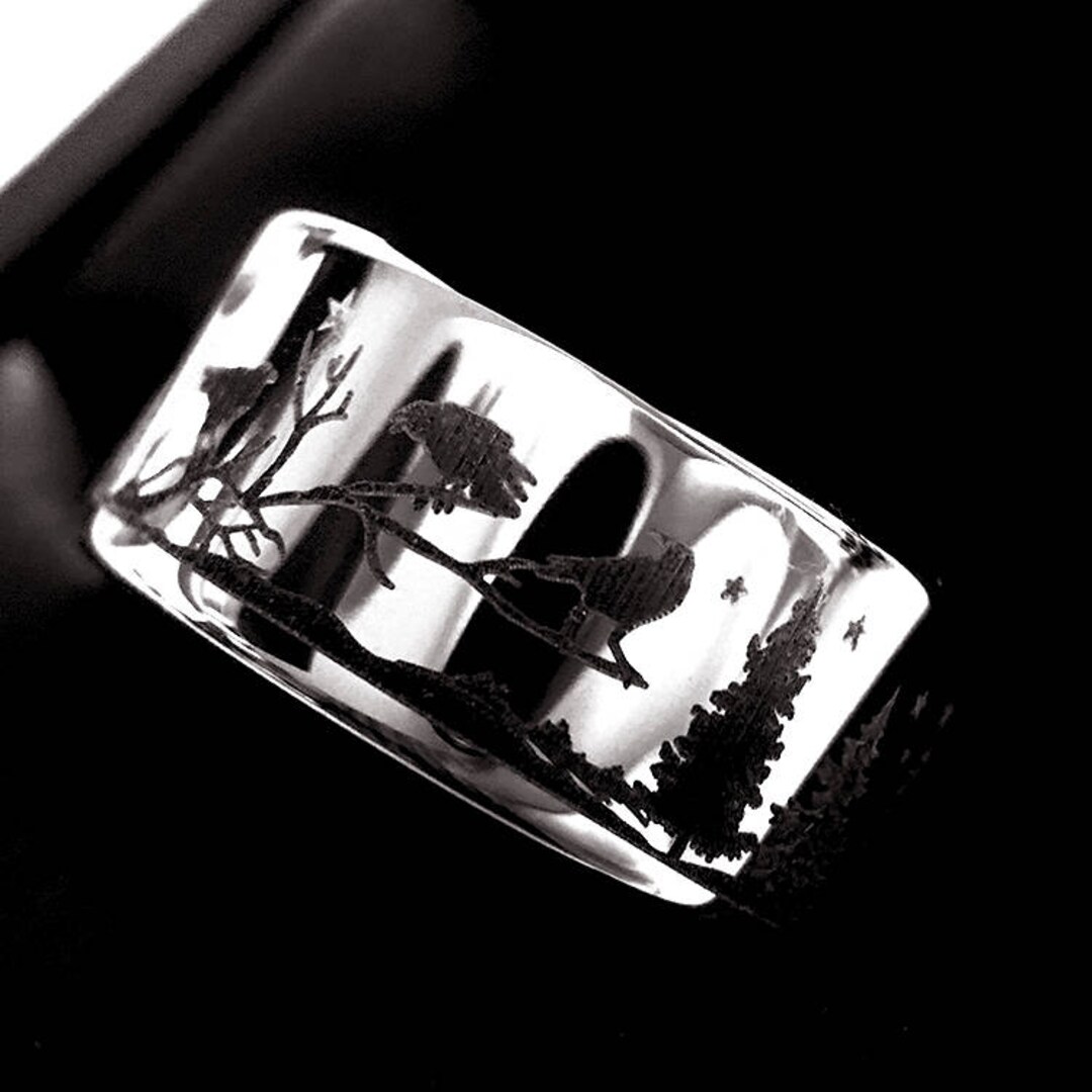 Ravens Ring, Wedding Bands, Trees and Ravens, Forest Ring, Tungsten ...