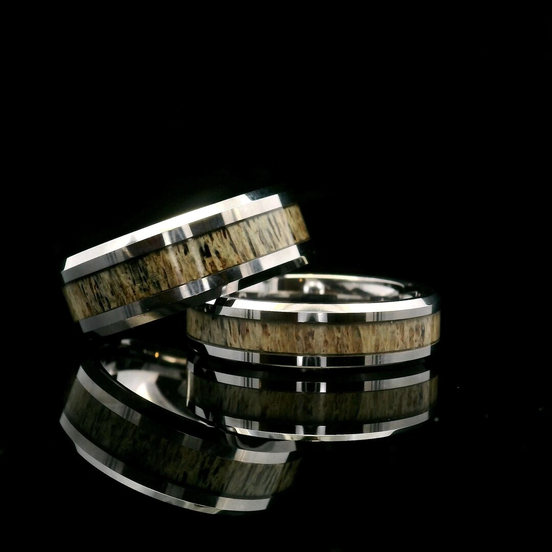 Tungsten Wedding Band Set: Elk Antler Inlay, His & Hers Promise Rings ...