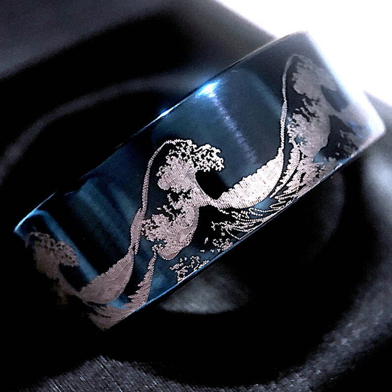 Blue Tungsten Ocean Wave Ring Wedding Band Mens Wedding | Etsy