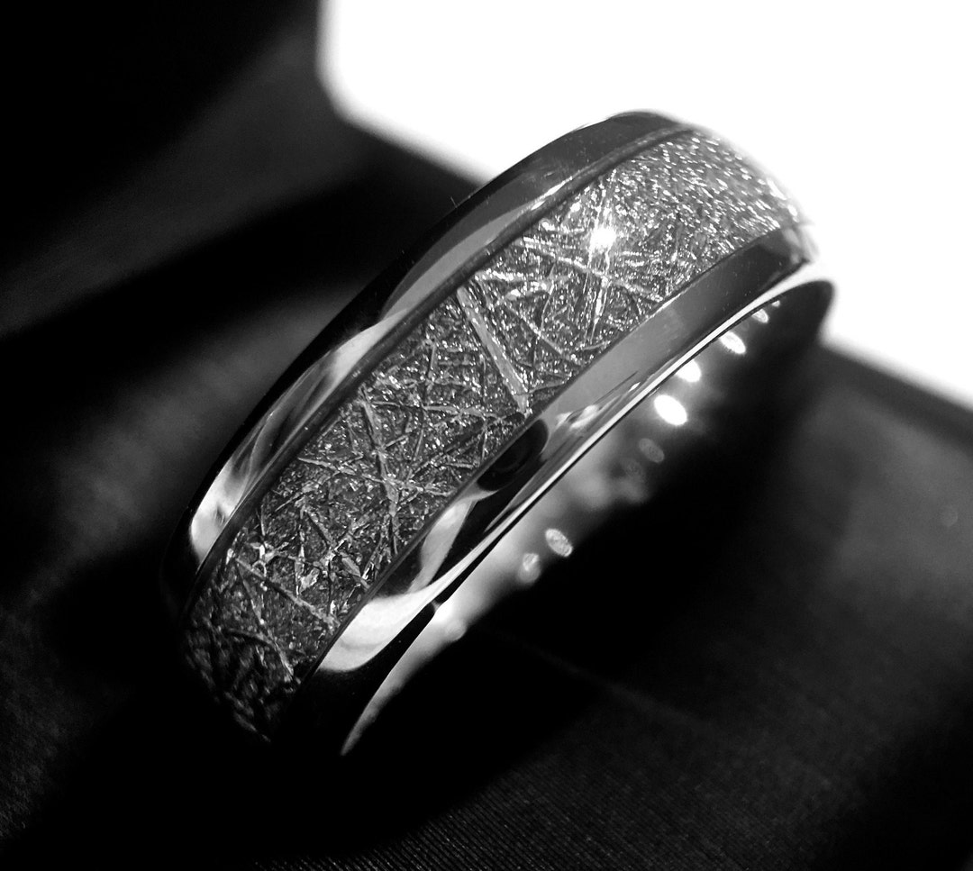 Meteorite Inlay Wedding Band Set | Tungsten Couples Rings | His and ...