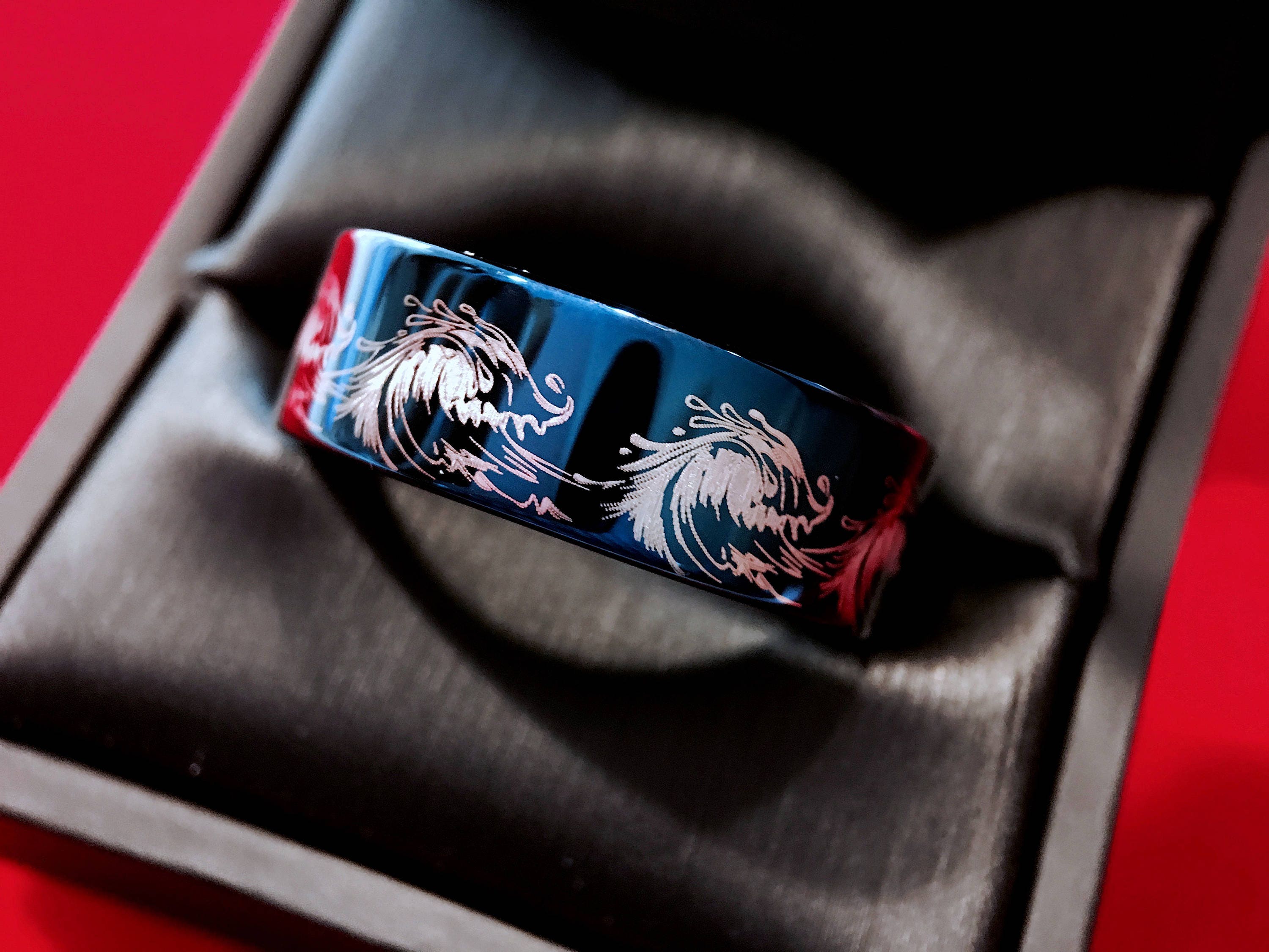 Men Wedding Band Ocean Ring Wave Ring Mens Blue Tungsten | Etsy